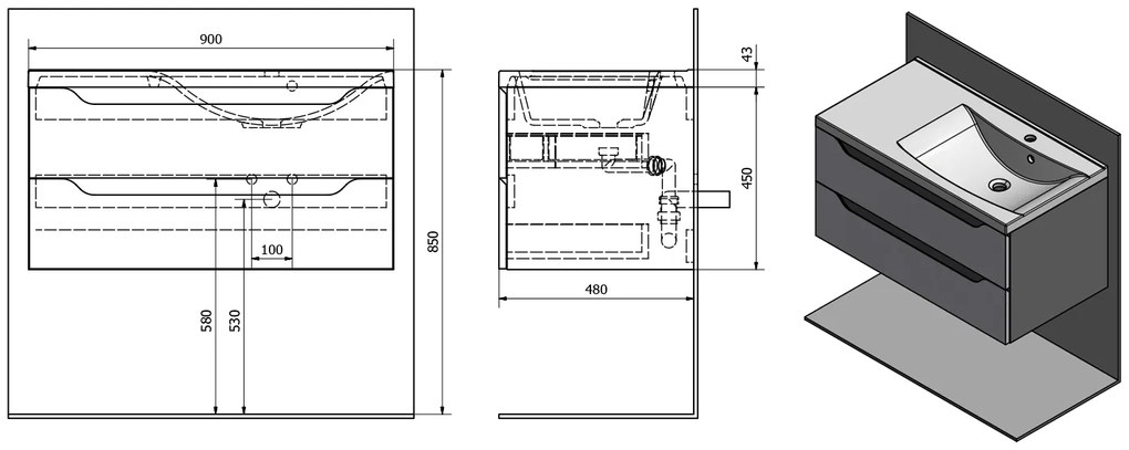 Sapho Sapho, WAVE umyvadlová skříňka 89,7x45x47,8cm, pravá, bílá/dub collingwood, WA093-3019