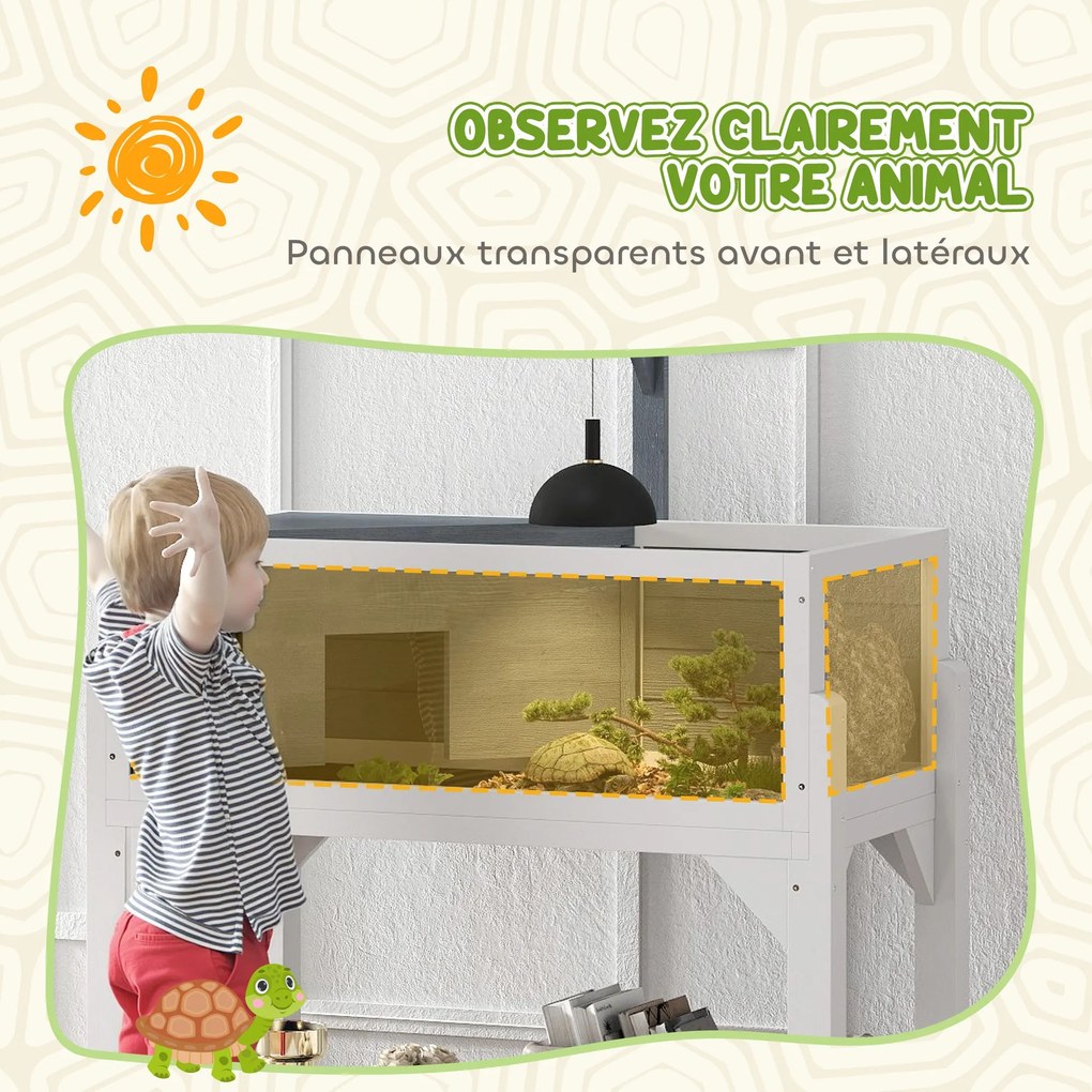 PawHut zvýšený dům pro želvy s 2 zónami, otevíracím víkem, držákem na lampu a panoramatickým výhledem – 84,5 × 47,5 × 90 cm (šedý)