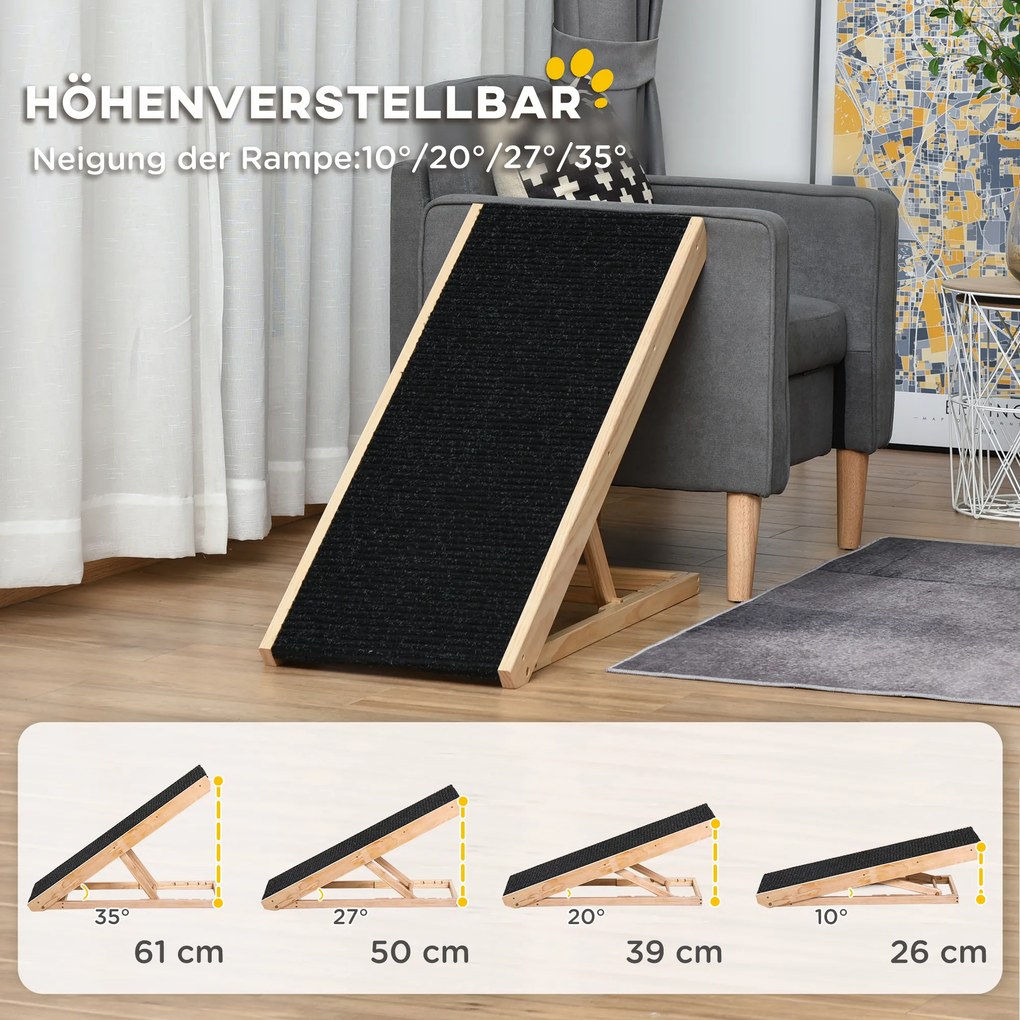 PawHut rampa pro psy nastavitelná rampa pro psy s protiskluzovým kobercem z borovicového dřeva a polyesteru 90x40x61cm pro psy a kočky