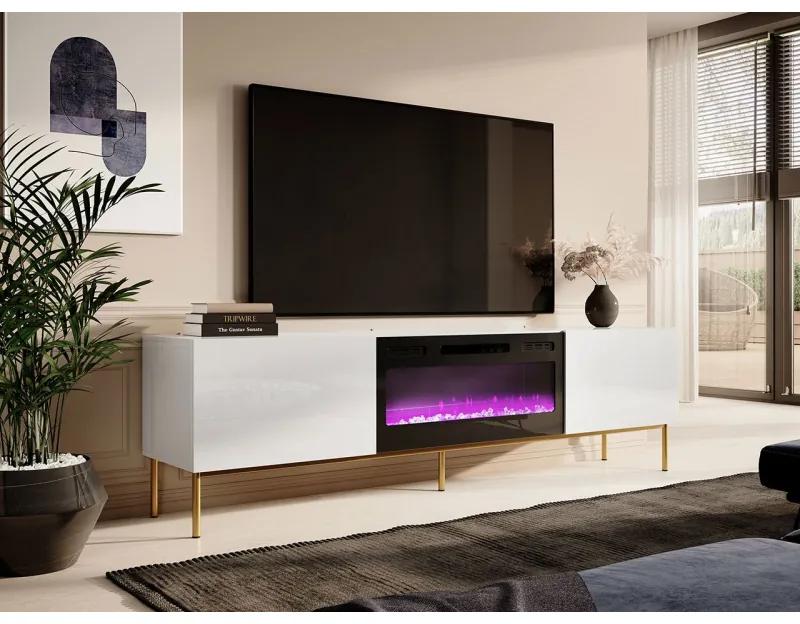 TV stolek Koda 200, Barva: černá / černý lesk + zlatá, Krb: bílý