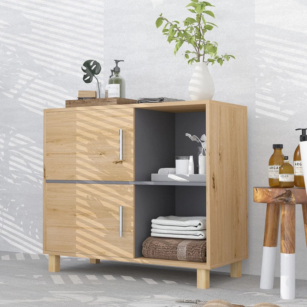 HOMCOM Koupelnová skříň, Úložná skříň s otevřenými oddíly a skříňkou, velikost koupelnové skříně 80D x 35Š x 70V cm, přírodní dřevo
