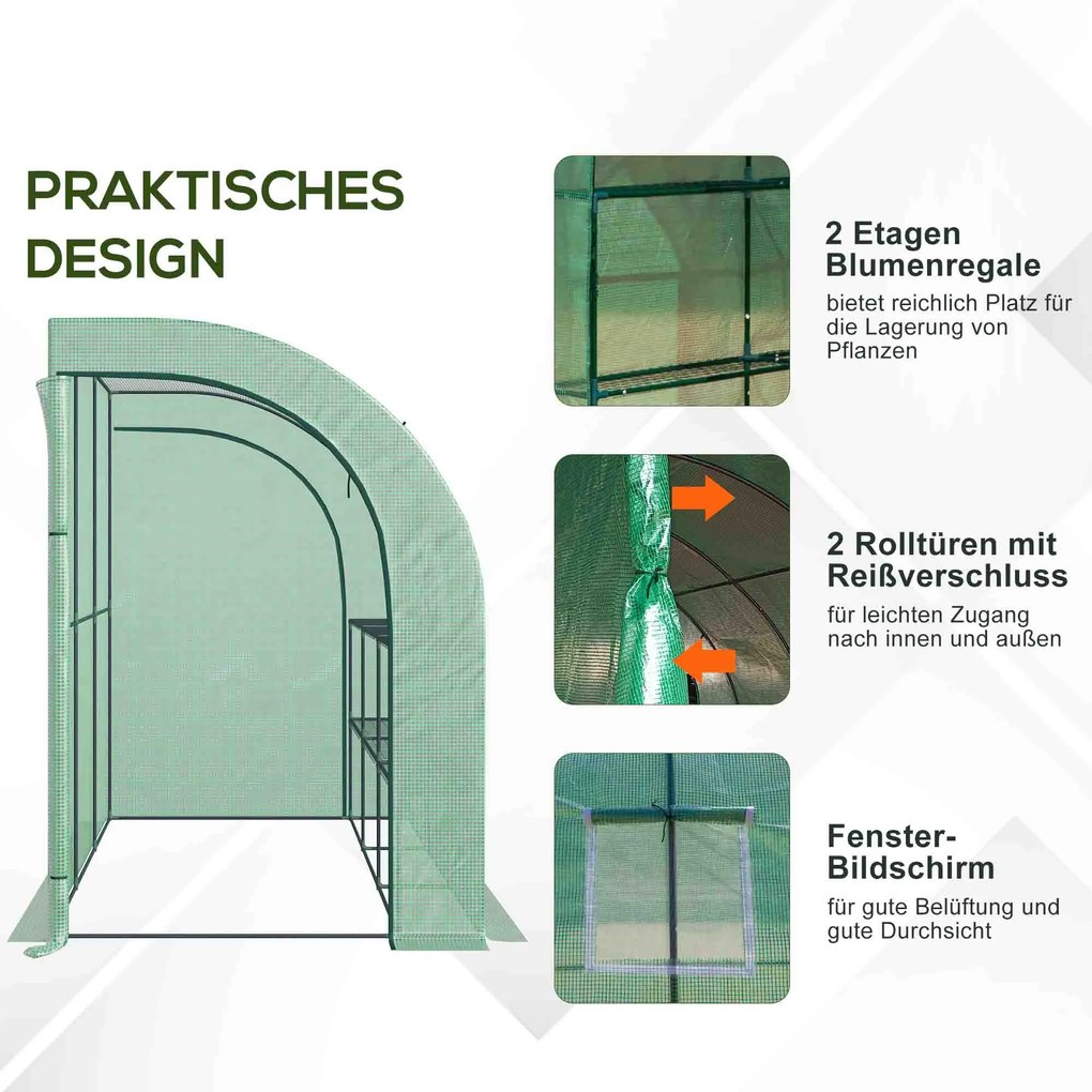 Outsunny skleník s oknem s policemi, zimní skleník z ocelové fólie, nástěnný skleník na balkon, zahrada, rajčatový skleník 300x150x213cm rajčatový sk…