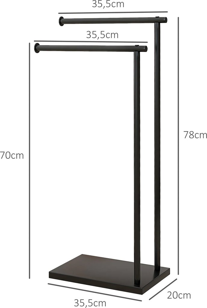 HOMCOM Dvouvrstvá volně stojící věšák na ručníky s 2 tyčemi a kovovým rámem v moderním L tvaru 35,5x20x78 cm Černá