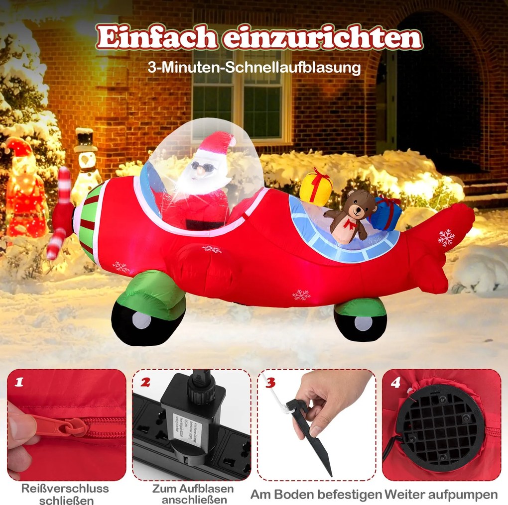 Costway 220 cm Nafukovací Santa Claus v letadle a dárková krabička a LED světla