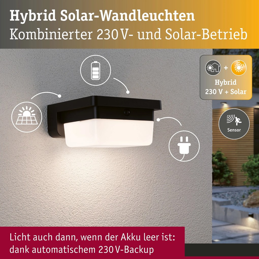 P 95748 Hybrid LED venkovní nástěnné svítidlo Isleen domovní 230V + solární IP44 hranaté 163x163mm 3000K 2,3W 230V černá - PAULMANN
