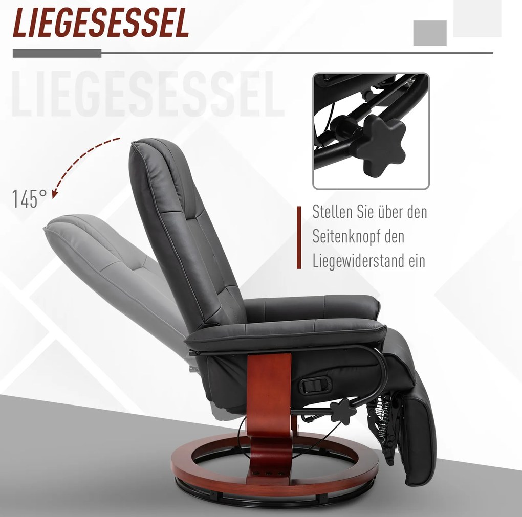 HOMCOM polohovací křeslo polohovací křeslo s podnožkou z imitace kůže 360° otočné křeslo dřevěná podnož černá 145° naklápěcí 78 x 87 x 100 cm | Aosom