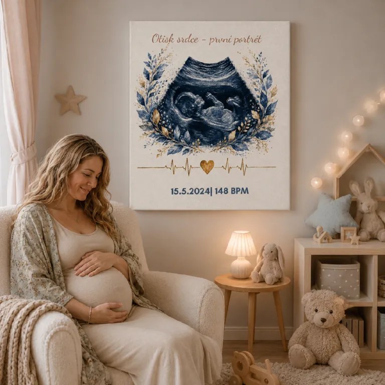 Foto obraz z ultrazvuku na plátno – Otisk srdce a EKG křivka – Originální památka Rozměry obrazu: 30 x 40 cm