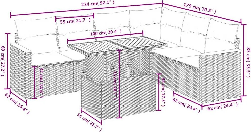 7dílná zahradní sedací souprava s poduškami šedá polyratan 3273097