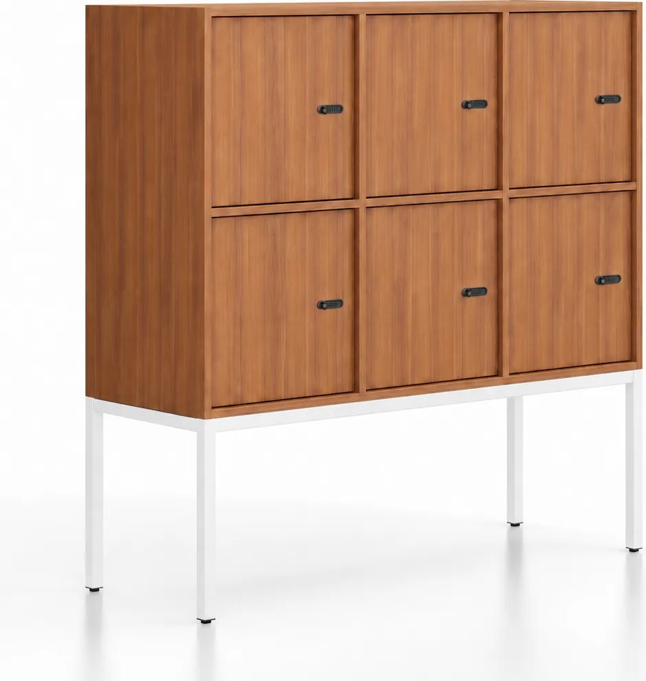 Kancelářská skříň FRAME, nízká, bílá podnož, 6x dveře, 1299 x 450 x 1331 mm, mechanický kódový zámek, ořech