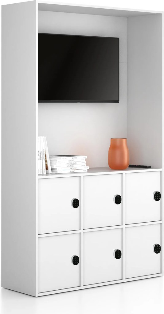 Kancelářská skříň FRAME, 6x dveře, prostor pro TV, 1299 x 450 x 2162 mm, kódový zámek, bílá