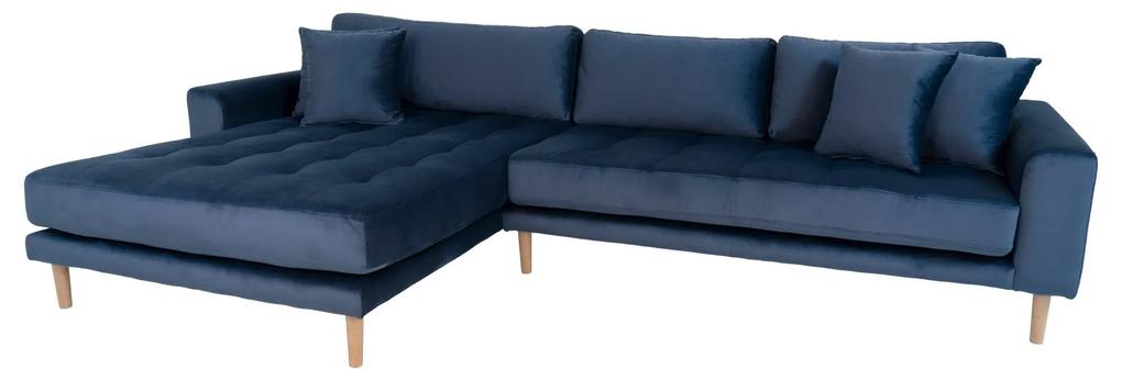 House Nordic Pohovka Lounge Sofa, levá strana, tmavě modrý samet, čtyři polštáře a nohy z přírodního dřeva, HN1005