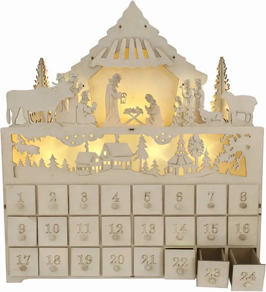 LED adventní kalendář betlém a vesnice, dřevěný, 43 × 47 × 8 cm, na 2× AA