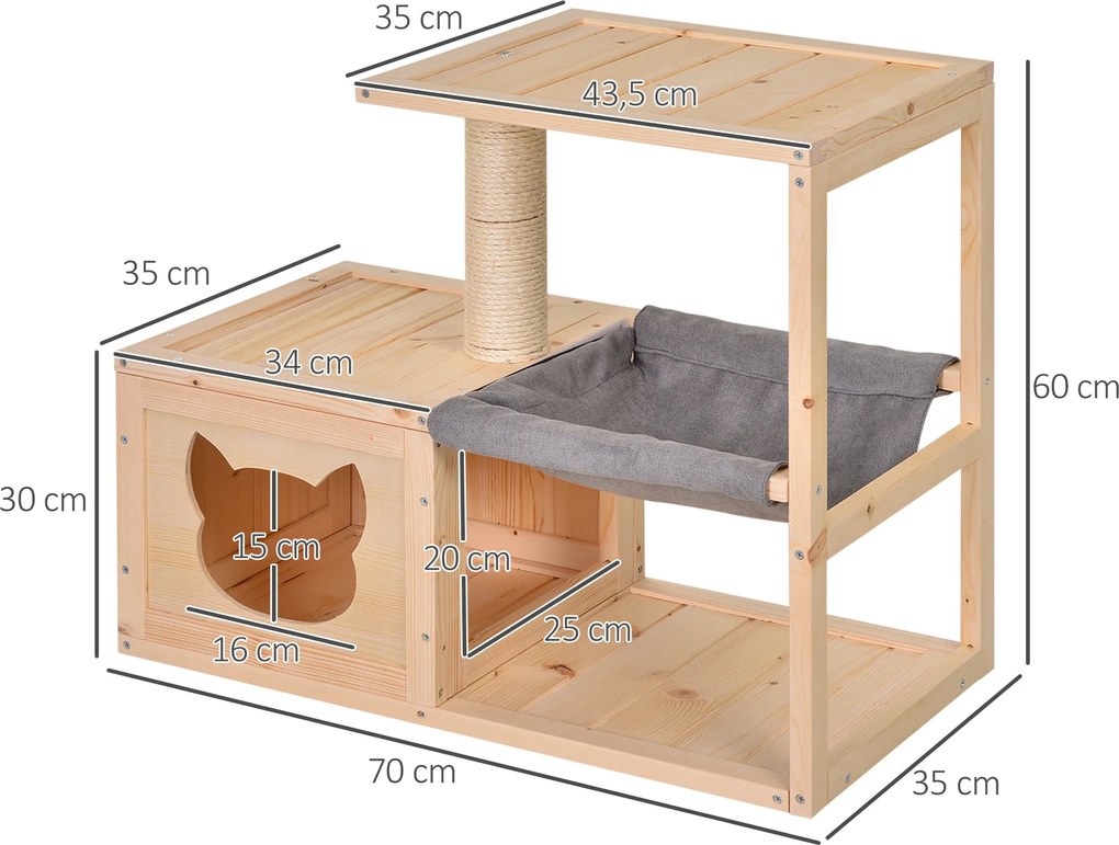 Kočičí domeček PawHut s houpací sítí a sisalovým kmenem, box pro kočky z jedlového dřeva, přírodní 70x35x60cm pro milovníky koček | Aosom.de