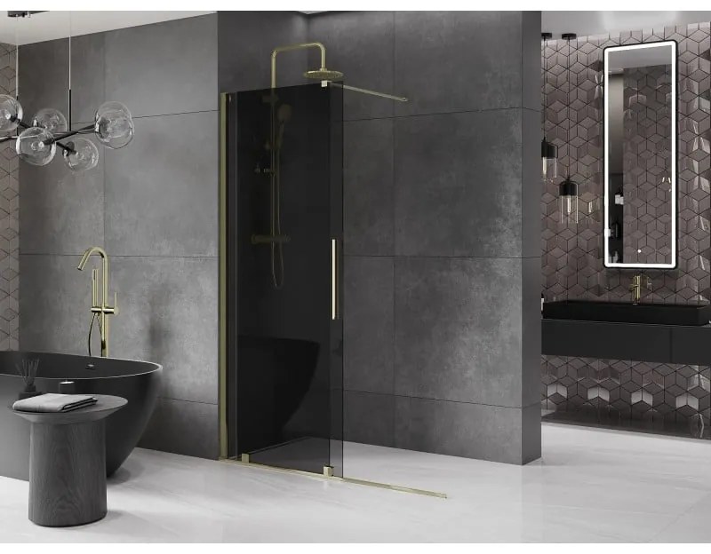Mexen Velar, sprchová zástěna s posuvnými dveřmi Walk-in 140 x 200 cm, 8mm šedé sklo, zlatá lesklá, 871-140-000-43-50