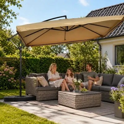 Houpací slunečník Outsunny s moskytiérou, včetně ruční kličky, ventilační otvor, 295 cm x 260 cm, béžová + černá