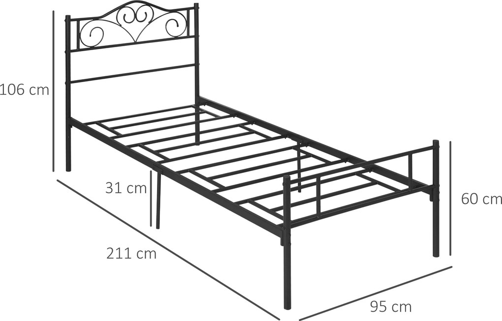HOMCOM jednolůžkový postelový rám z oceli 95x211x106 cm, integrované laťování, čelo a nožní část, úložný prostor pod postelí, černá
