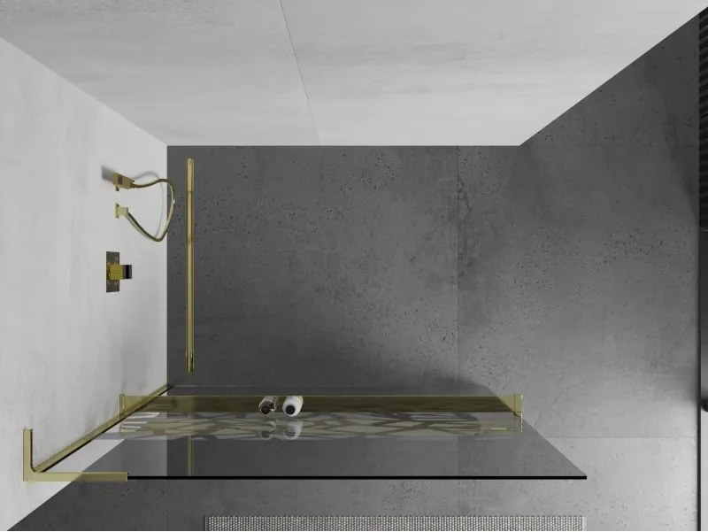 Mexen Kioto+ L, sprchová zástěna Walk-In s poličkou a věšákem 80 x 200 cm, 8mm čiré sklo bílý vzor, ​​zlatý lesklý profil, 800-080-123-50-85