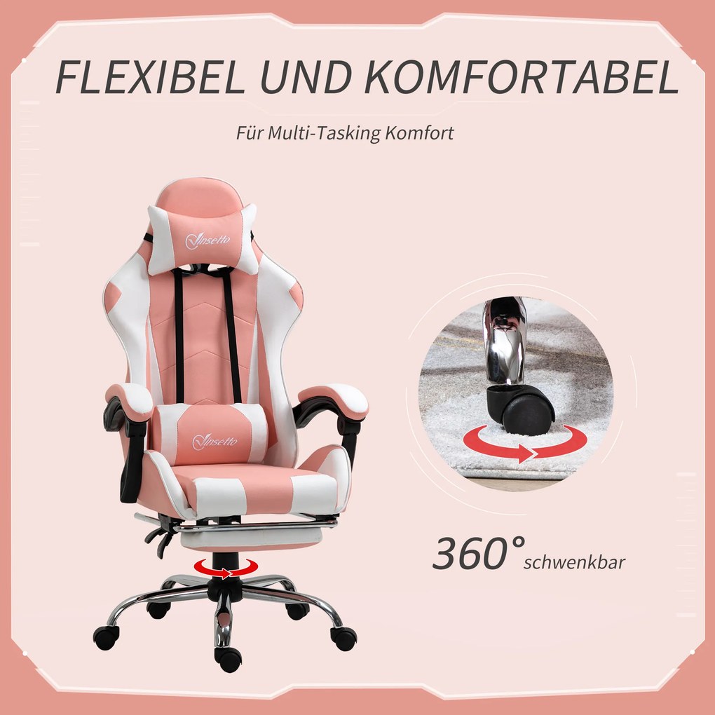 Herní židle Vinsetto židle k počítači ergonomická kancelářská židle s bederní opěrkou hlavy výškově nastavitelná 360° otočná růžová+bílá
