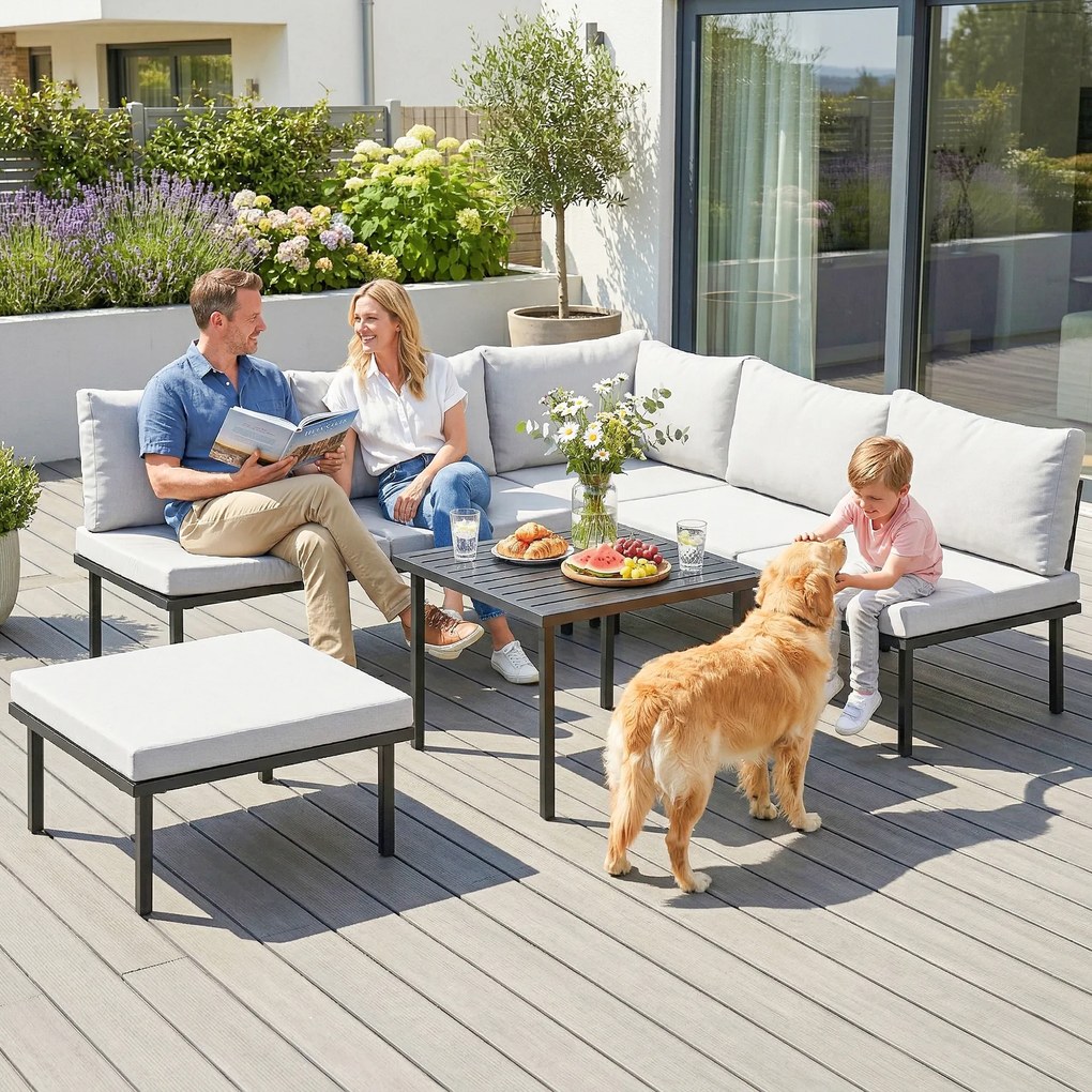 Outsunny 6dílná venkovní lounge souprava pro 5–6 osob — 2místná sedačka, rohové křeslo, 2 bezloketní křesla, podnožka a kovový stolek — silné polštář…