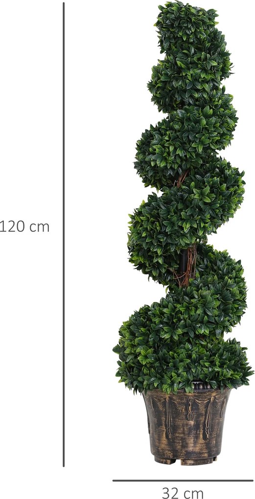 Umělý spirálový buxus Outsunny (Ø32cm x 120cm), Zelená dekorace pro interiér a exteriér, vč. květináče