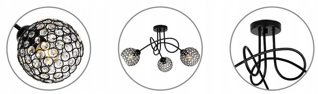 Stropní svítidlo Crystal, 3x černé křišťálové stínítko, b