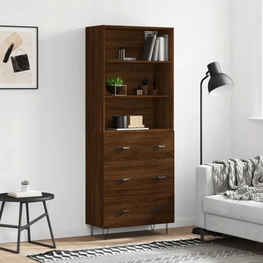 Skříň Highboard Černá 69,5 X 34 X 180 Cm Kompozitní Dřevo Hnědý dub 3 zás