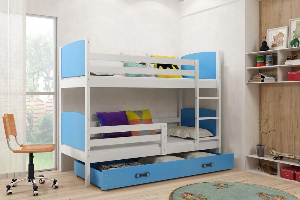 ImportWorld Dětská patrová postel Evžen - 2 osoby, 80x190 s úložným prostorem – Bílá, Modrá