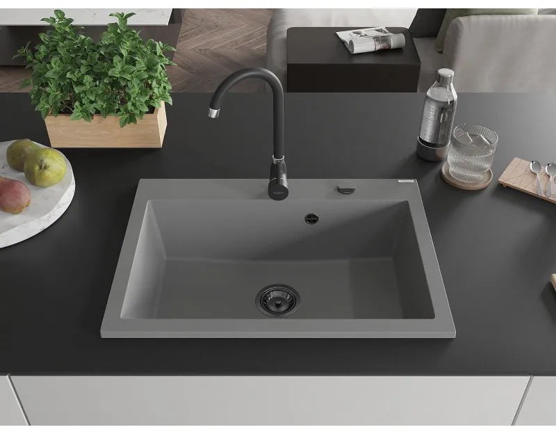 Mexen Elix, 1korový granitový dřez 700 x 500 mm, šedá, černý sifon, 6526701005-71-B