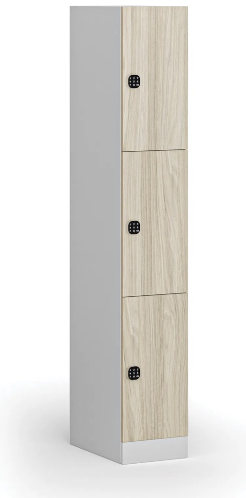 Šatní skříňka S1 s úložnými boxy, 3 boxy, 1850 x 300 x 500 mm, kódový zámek, laminované dveře, dub přírodní