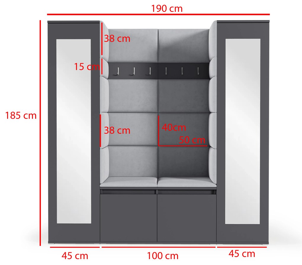 Eka Předsíňová stěna s čalouněnými panely Trinity 31 - Dub Artisan s černou / Tmavá šedá 2315