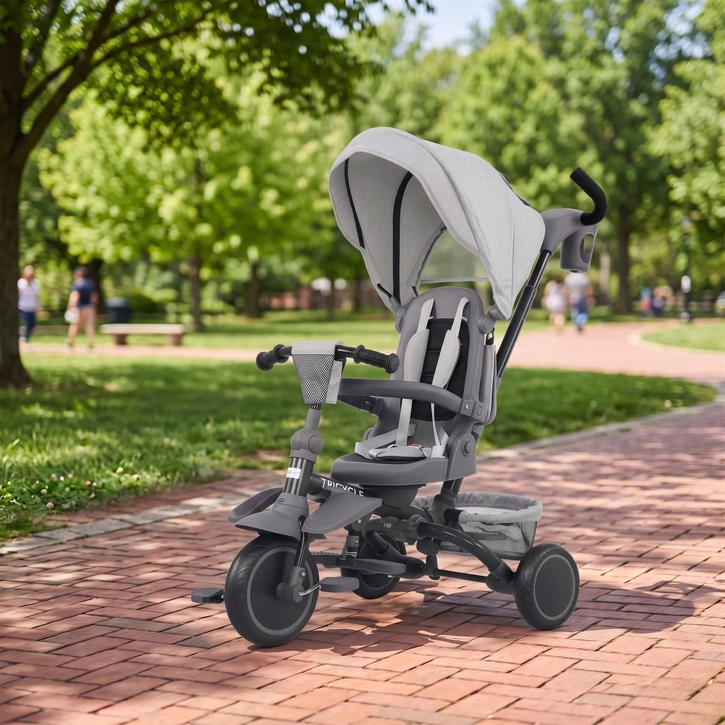 AIYAPLAY Dětská tříkolka, kočárek 6 v 1 pro batolata, s rukojetí na tlačení, nastavitelným sedadlem, skládací konstrukcí, bezpečnostní sítí, šedá bar…