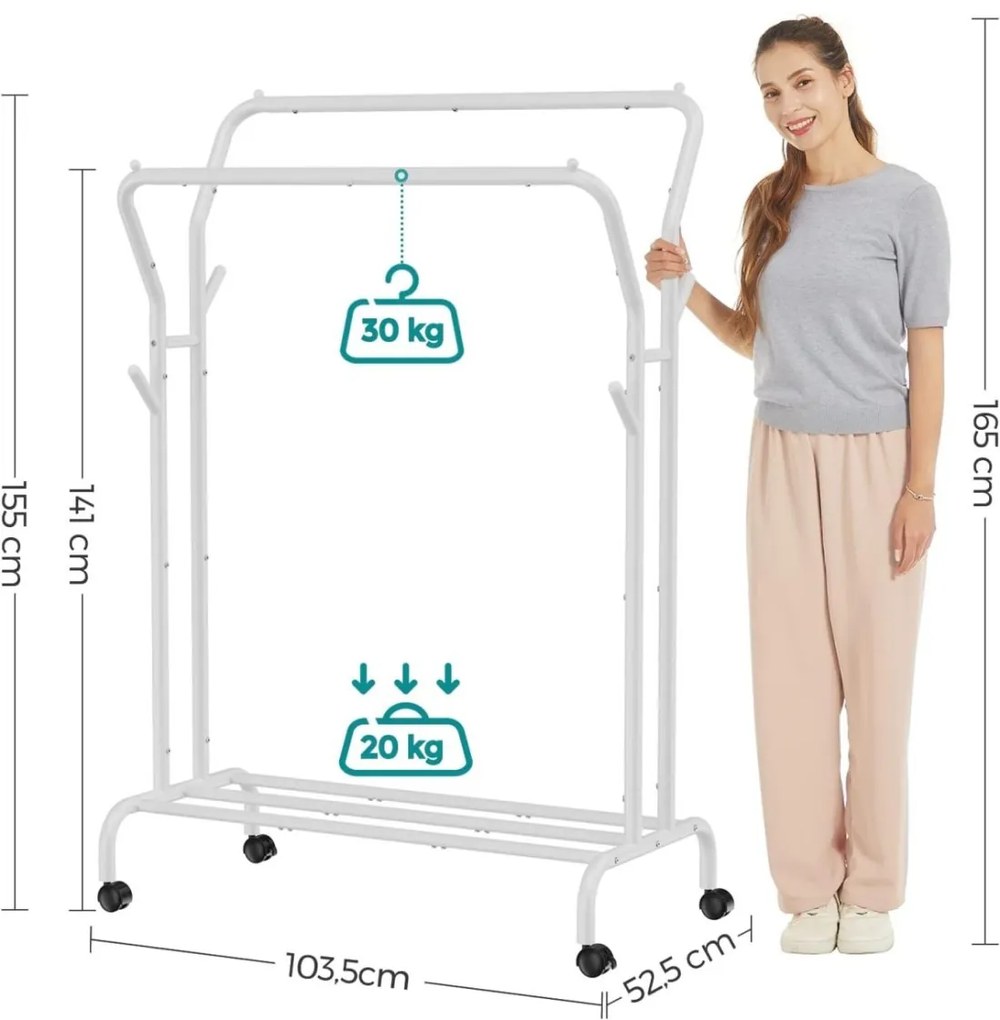 SONGOMICS HSR107W01 Kovový věšák na oblečení 155 cm na kolečkách v bílé barvě