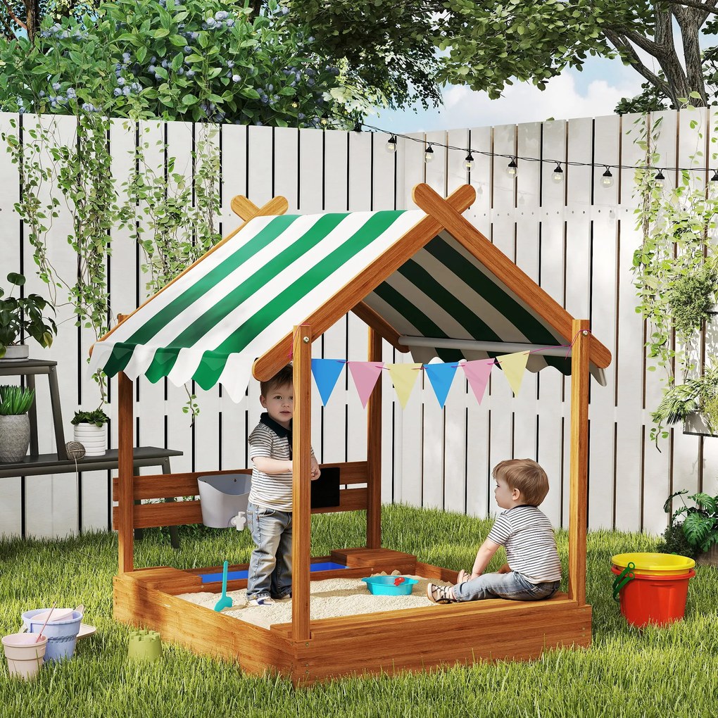 Outsunny Pískoviště s ochranou proti slunečnímu záření, design domečku na hraní, se sadou hraček, opracované masivní dřevo, 124 x 116 x 146 cm, zelen…