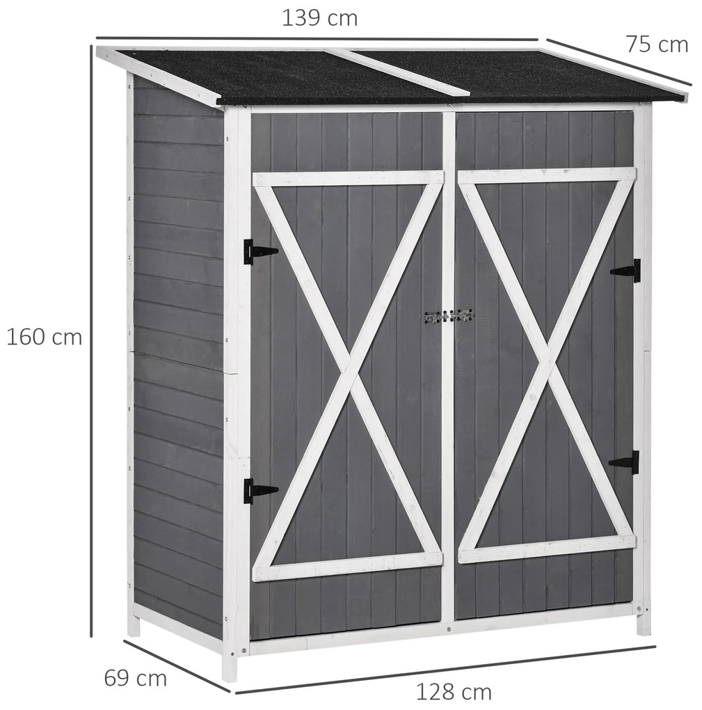 Outsunny kůlna na nářadí zahradní kůlna 2 dveře asfaltová střecha jedlové dřevo šedá+bílá 139x75x160cm
