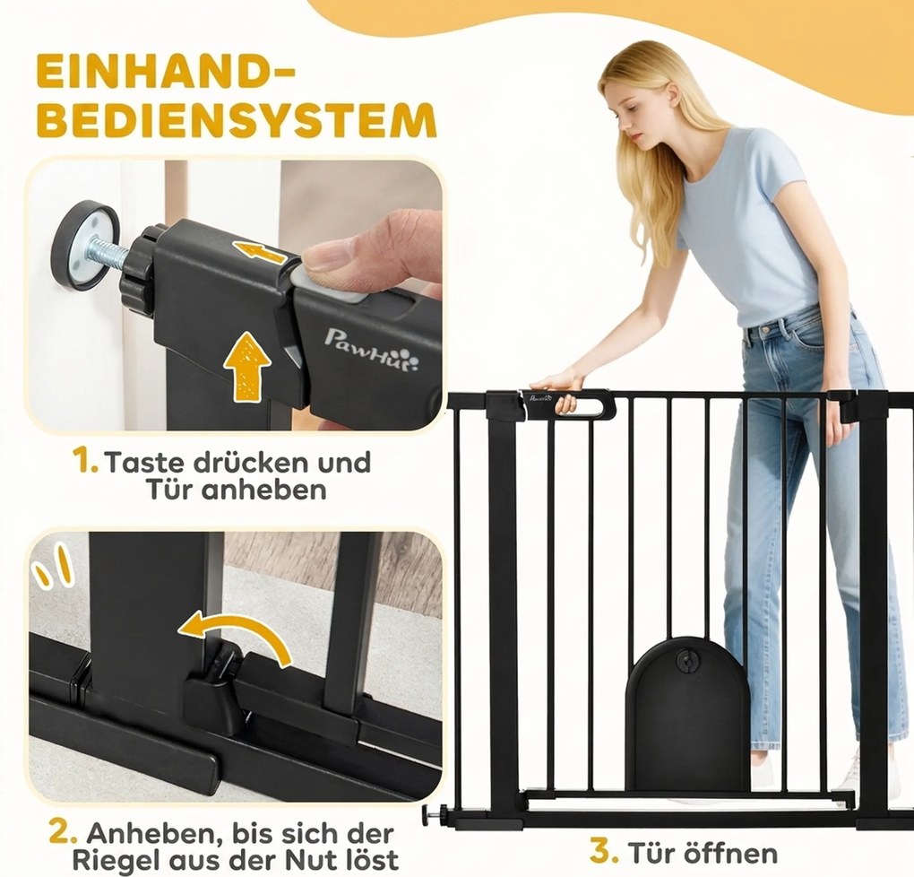 PawHut Zabezpečovací brána pro domácí mazlíčky 75-103 cm pro schody a dveře s 2 prodlouženími, automatickým zámkem a dvojitým zámkovým systémem, černá