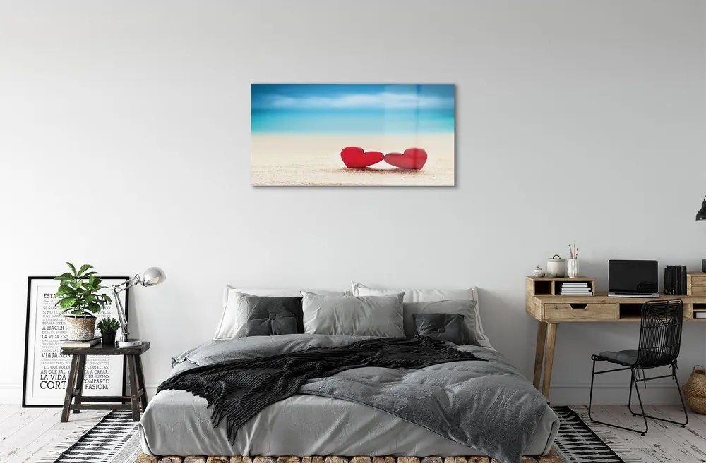 Obraz na skle Srdce červené písečné moře 125x50 cm