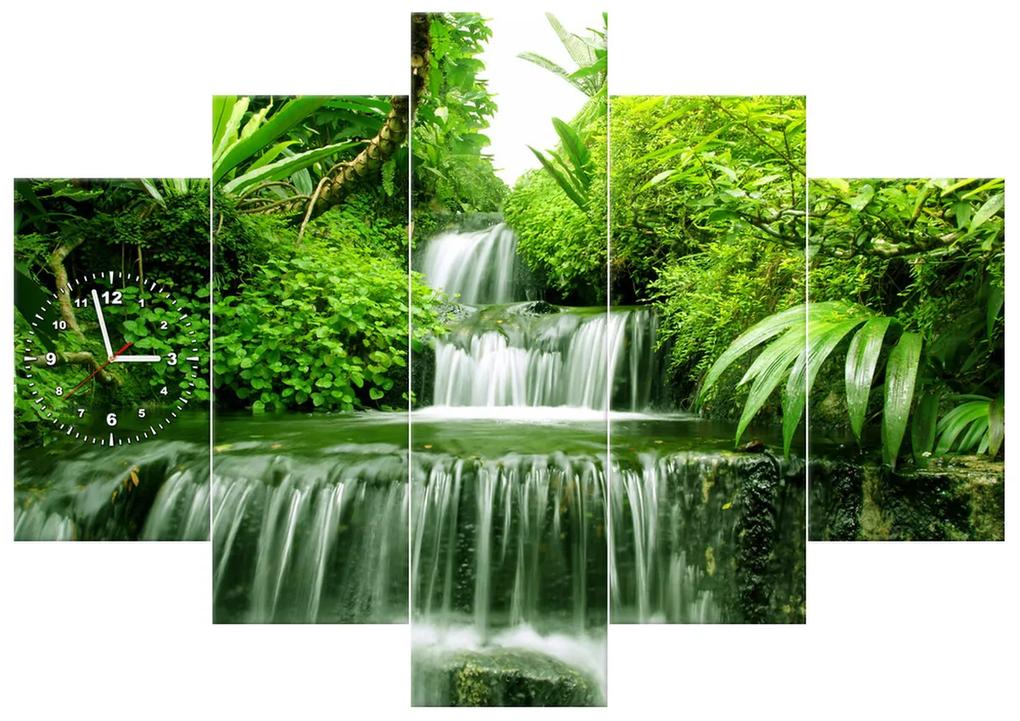 Gario Obraz s hodinami Vodopád v deštném pralese - 5 dílný Rozměry: 150 x 105 cm