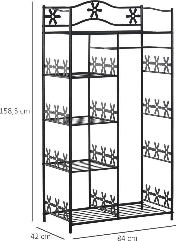 HOMCOM Šatní skříň pro dospělé s 5 policemi, oblečení a šatní tyčí, 84L x 42W x 159H cm, kovová černá s 2 bílými závěsy