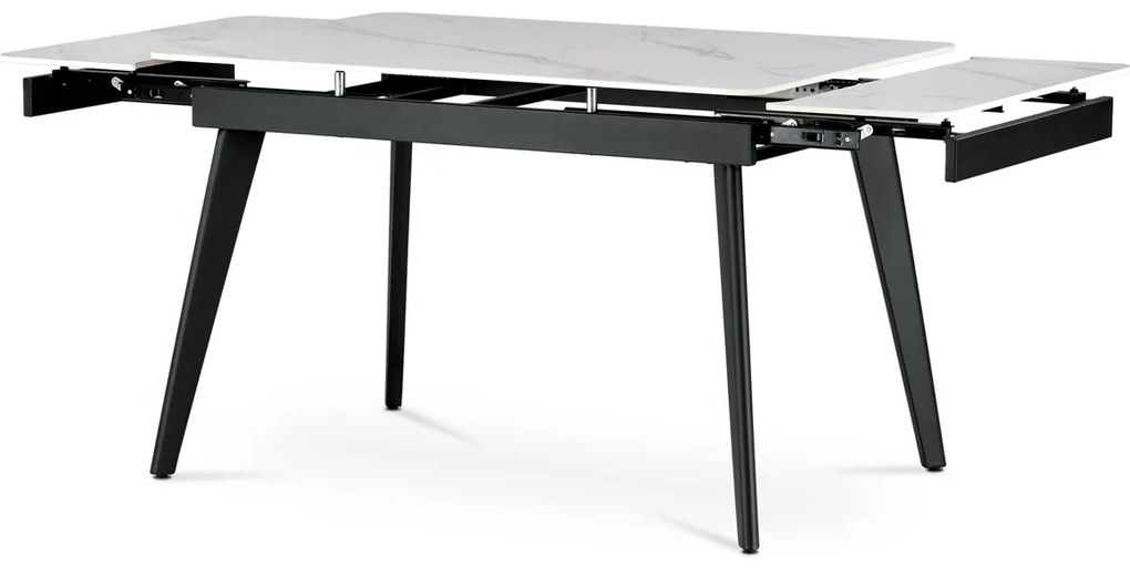 Jídelní stůl 120+30+30x80 x 76 cm, keramická deska bílý mramor, kov, černý matný lak