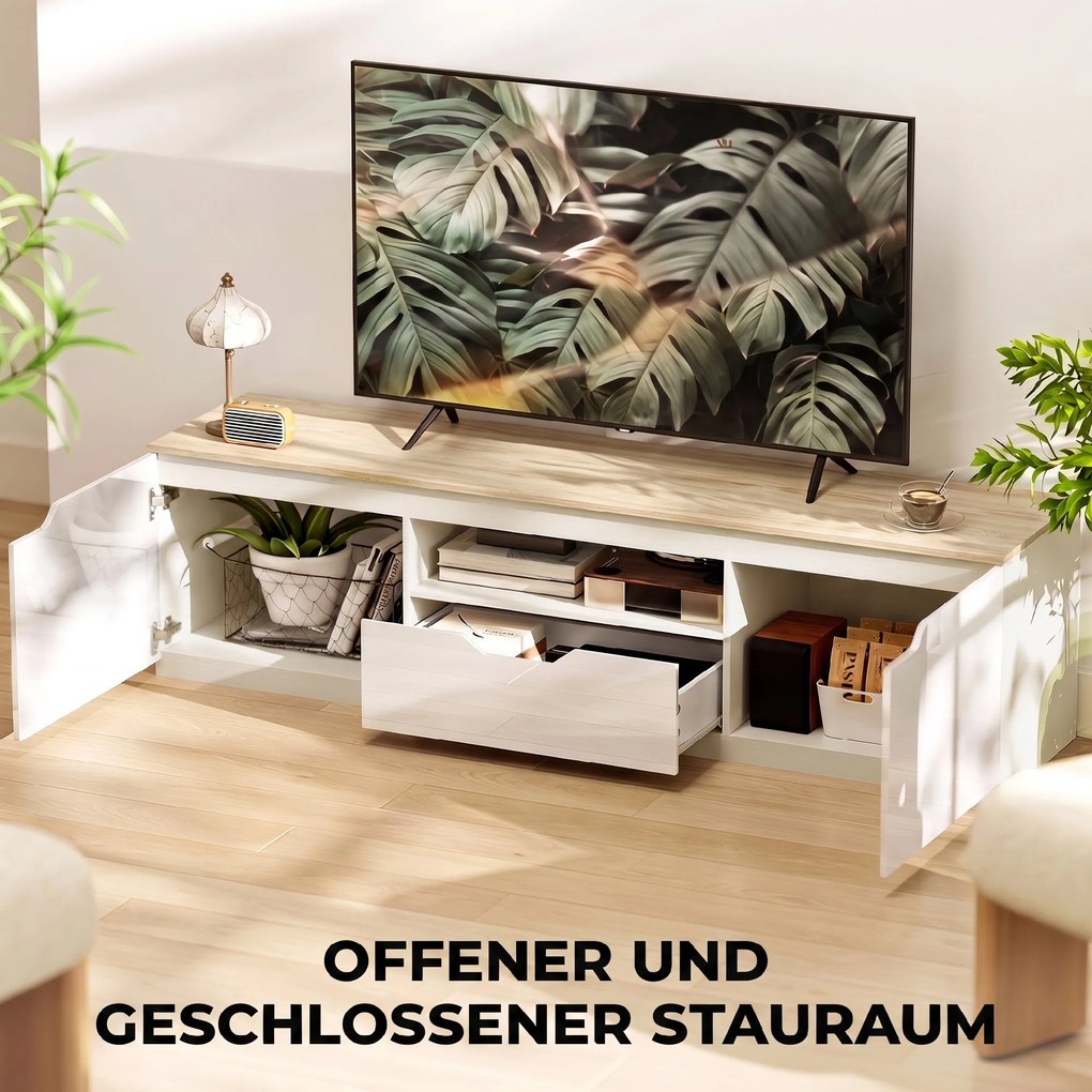 HOMCOM TV nízká komoda, vysoký lesk, pro televizi až 65'', 3 přihrádky, zásuvka, 160 x 38 x 43 cm, přírodní dřevo