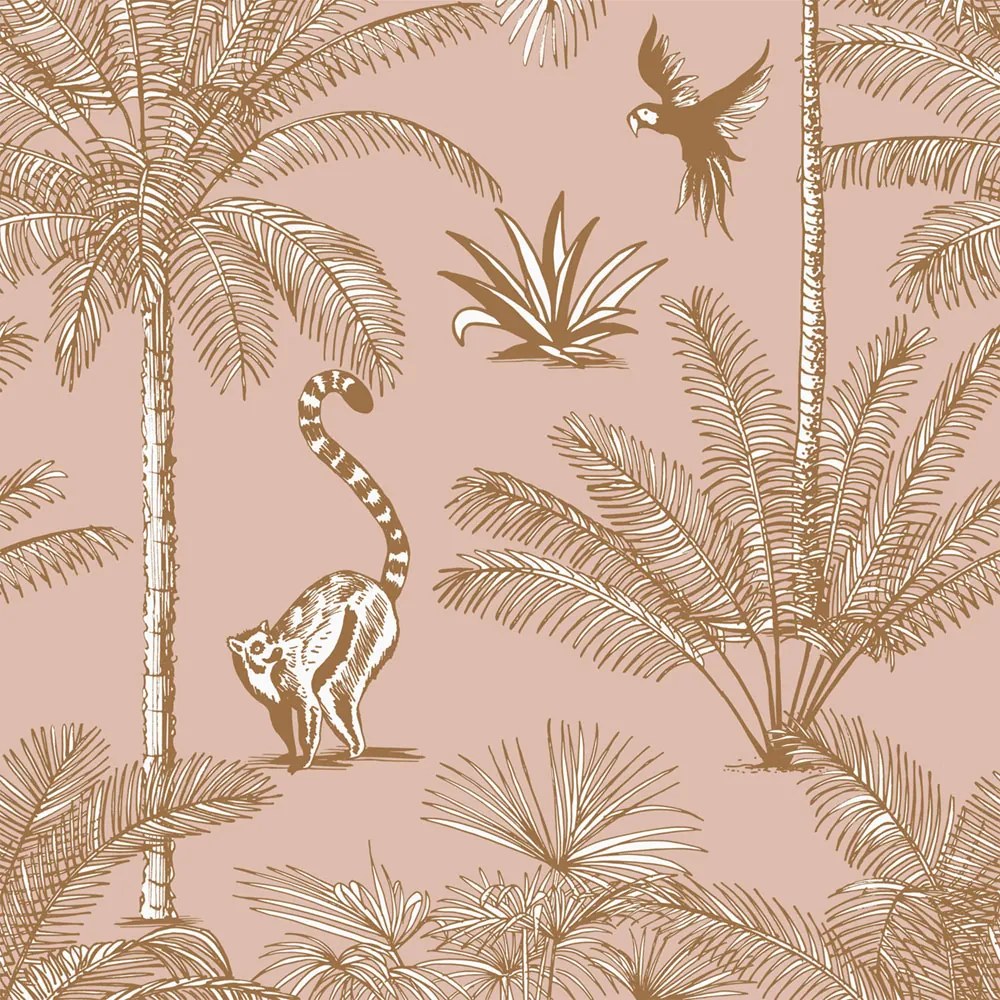 Růžová vliesová tapeta - opice, palmy, tropické listy, 158943, Paradise, Esta Home