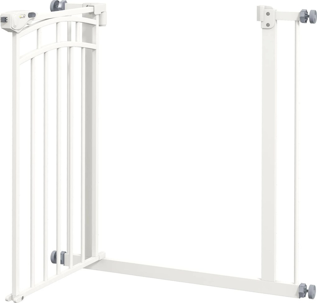 PawHut Rozšiřitelná bezpečnostní brána pro psy 74-80 cm, dvojité zamykání, automatické zavírání, tlaková montáž pro schody, výška 76 cm, bílá