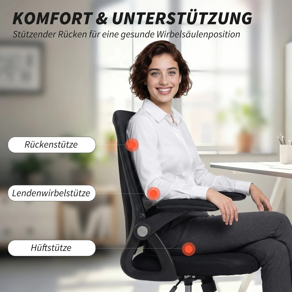 HOMCOM Ergonomická kancelářská židle, výškově nastavitelná židle s výklopnými područkami, bederní opěrka, černá