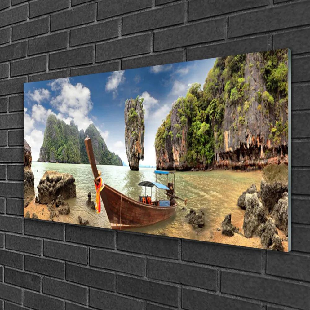 Obraz na skle Loďka Kameny Krajina 120x60 cm