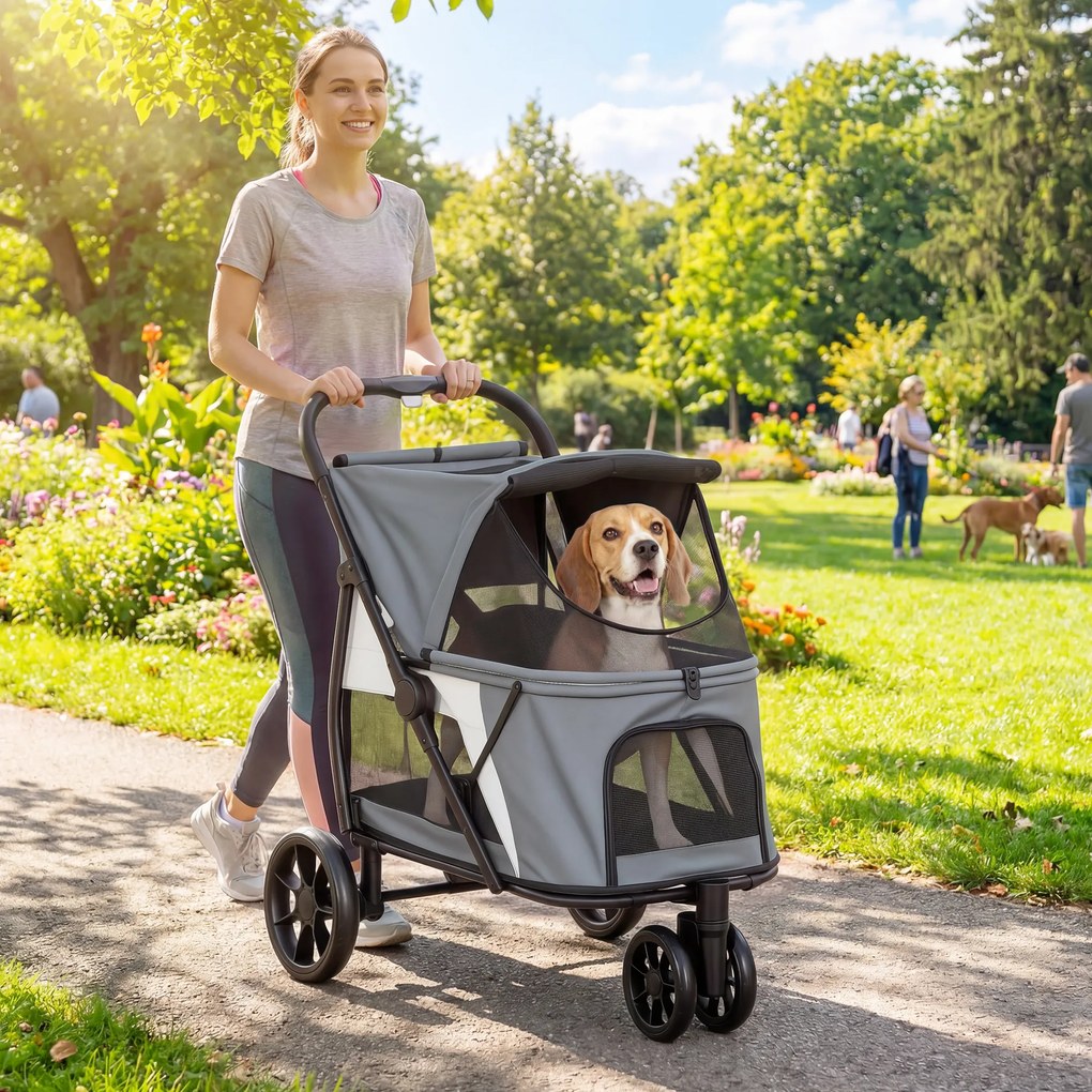 PawHut Skládací kočárek pro psy s omyvatelným polštářem, síťovaná okna, 3 kolečka, pro středně velké psy do 20 kg, šedý