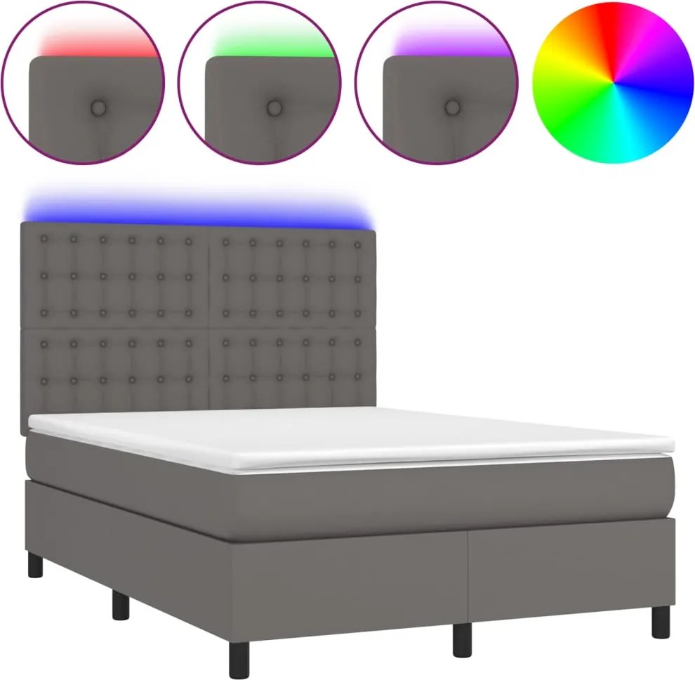 Box spring postel s matrací a LED šedá 140x200 cm umělá kůže 3135949