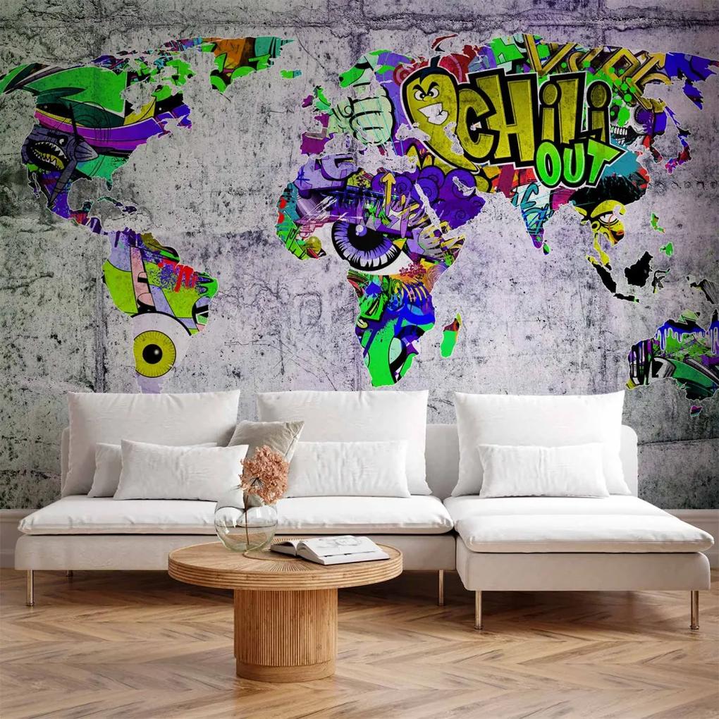 Fototapeta Svět graffiti - barevná mapa světa na betonovém pozadí pro teenagera