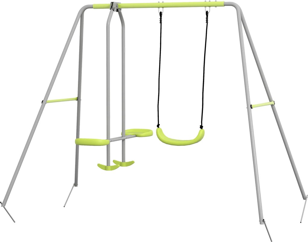 Zahradní houpačka Outsunny pro děti s 1 jednoduchou houpačkou, 1 klouzačkou a anti-UV ochranou, nosnost 135 kg, 255x160x180 cm, šedá a zelená