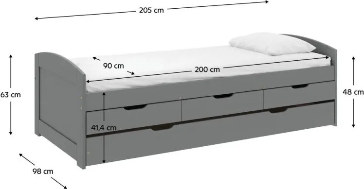 Postel s výsuvnou přistýlkou, 90x200, šedá, masiv, MARINELLA NEW Kondela 0000357994