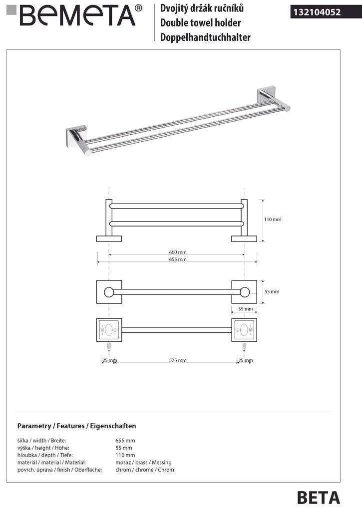 Bemeta Design BETA: Držák ručníků, 600 mm, dvojitý -